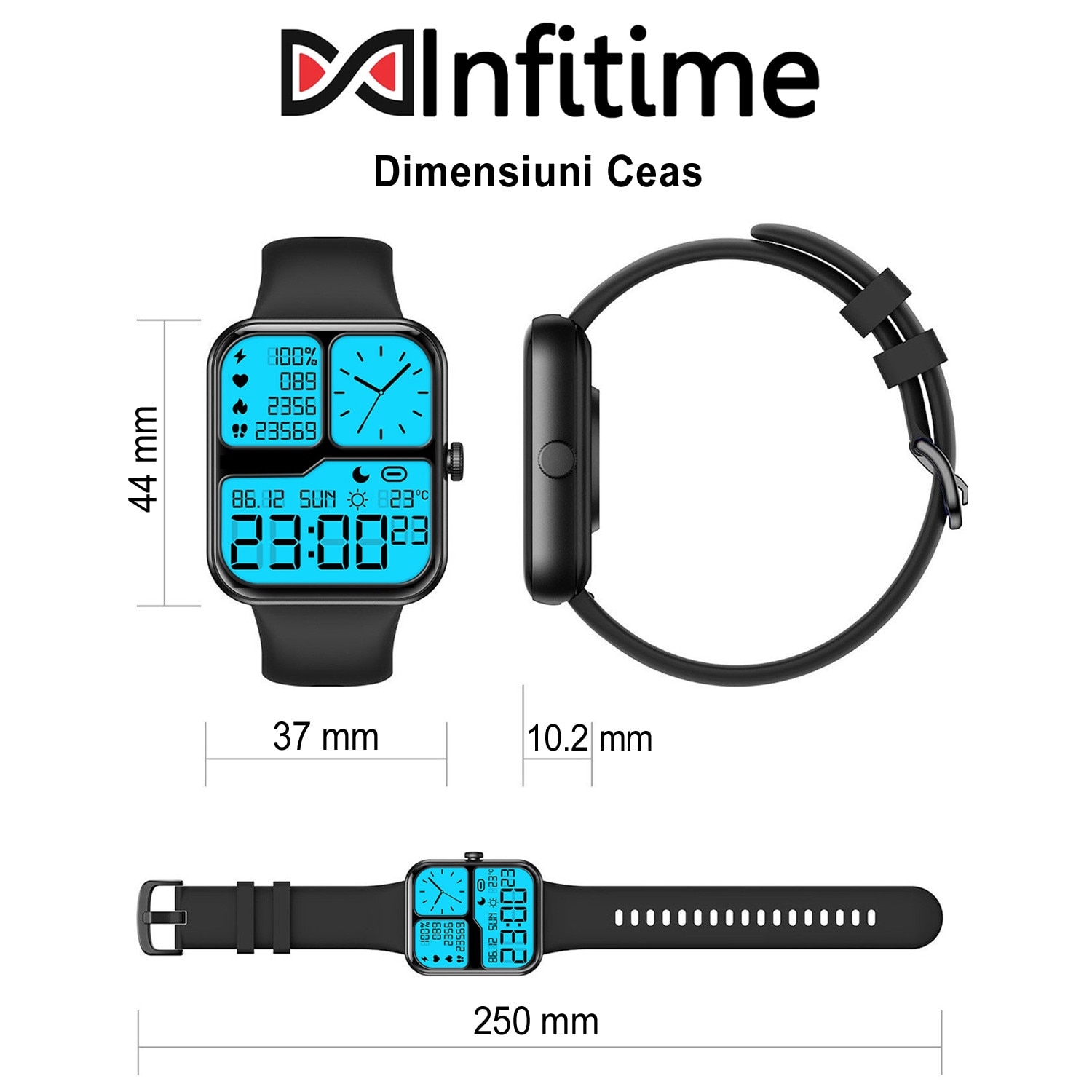 Ceas smartwatch Infitime SQ, ecran 1.83", cu Notificari apeluri si ...