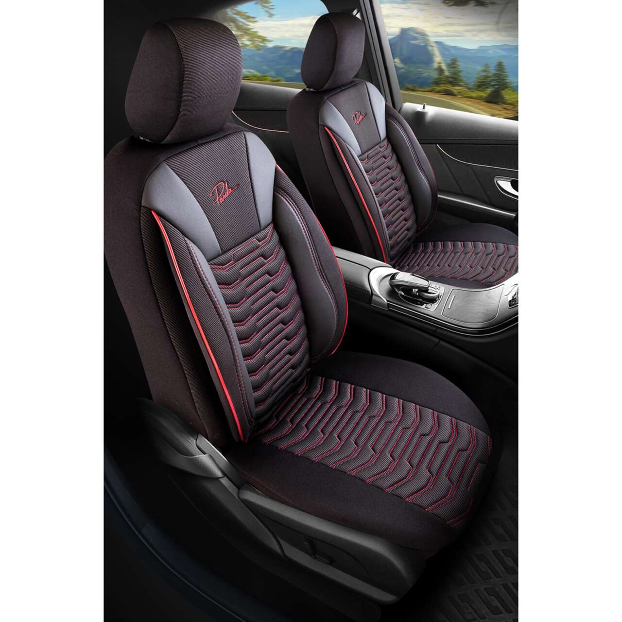 Set Huse Scaune Auto Panda Paris, Negru cu cusatura rosie, 11 piese ...