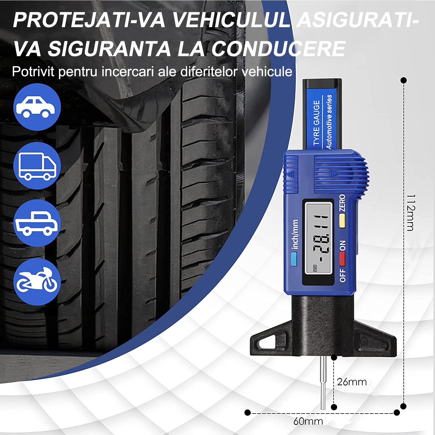 Subler digital masurat uzura anvelopa, Vaxiuja, 0-25mm, negru - eMAG.ro