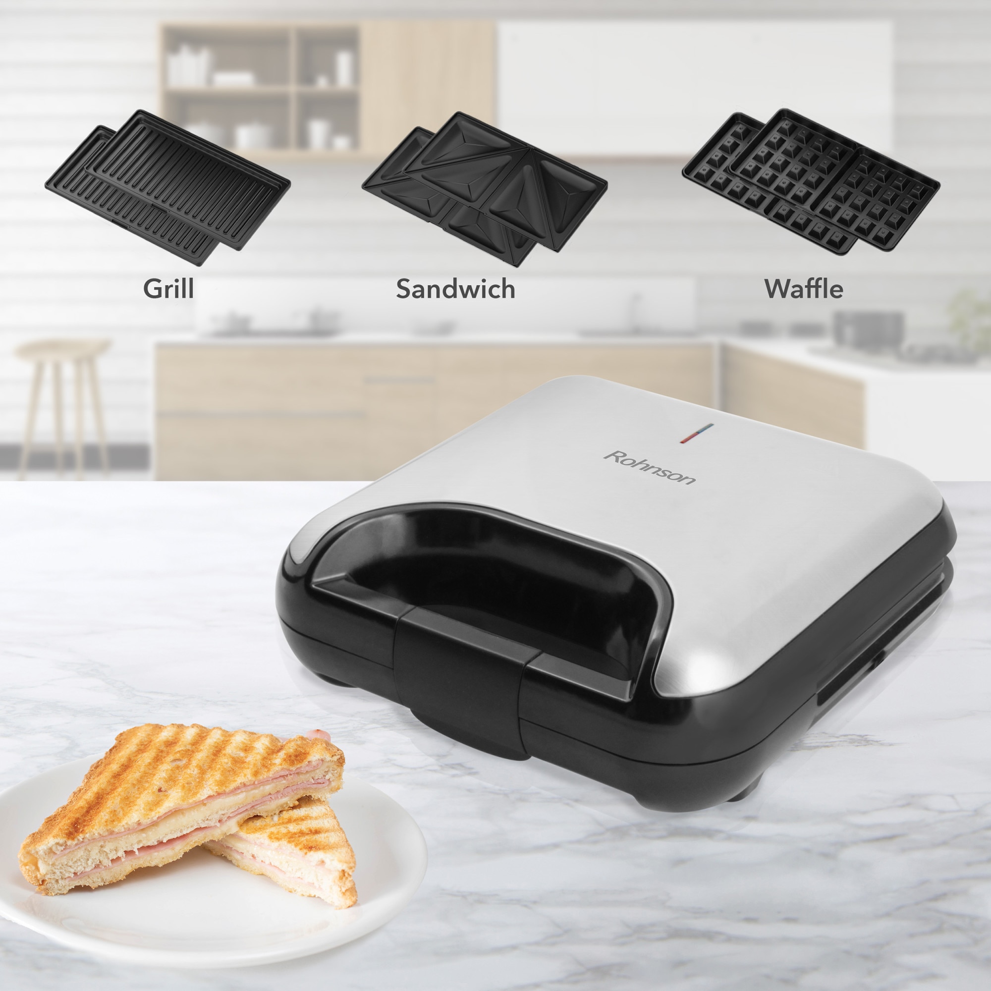 Sandwich maker cu 3 seturi de placi detasabile pentru sandwich-uri, grill si vafe, 21,6 x 12 cm ...