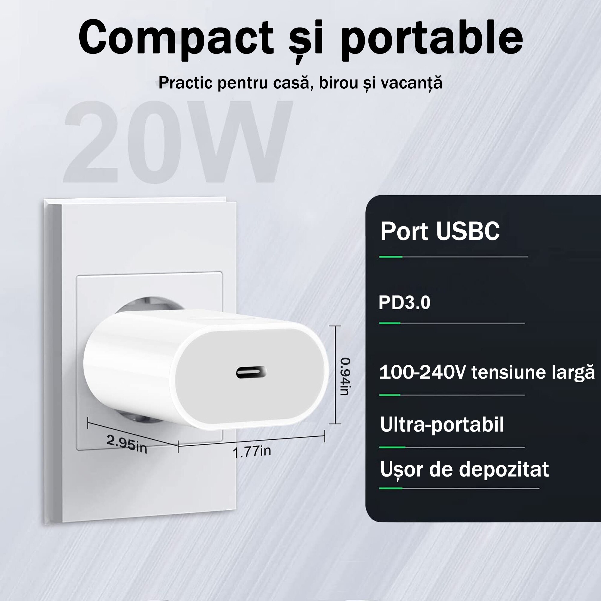 Incarcator rapid, CUKIN, 20W, Incarcare rapida, 1 port USB-C priza ...