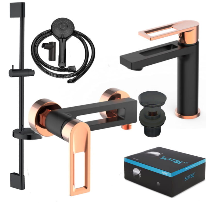 Set baterii sanitare, Sotbe, Loft Svart Gold, 80 cm, Negru/rose gold ...