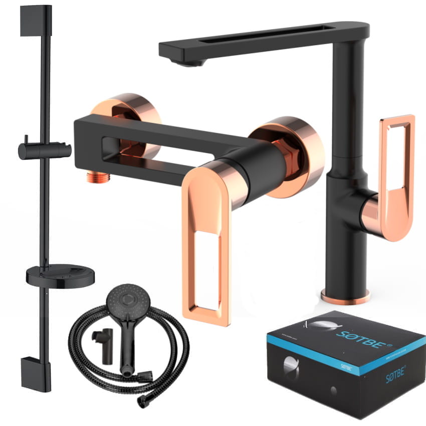 Set baterii sanitare, Sotbe, Montare perete, 80 cm, Negru/rose gold ...