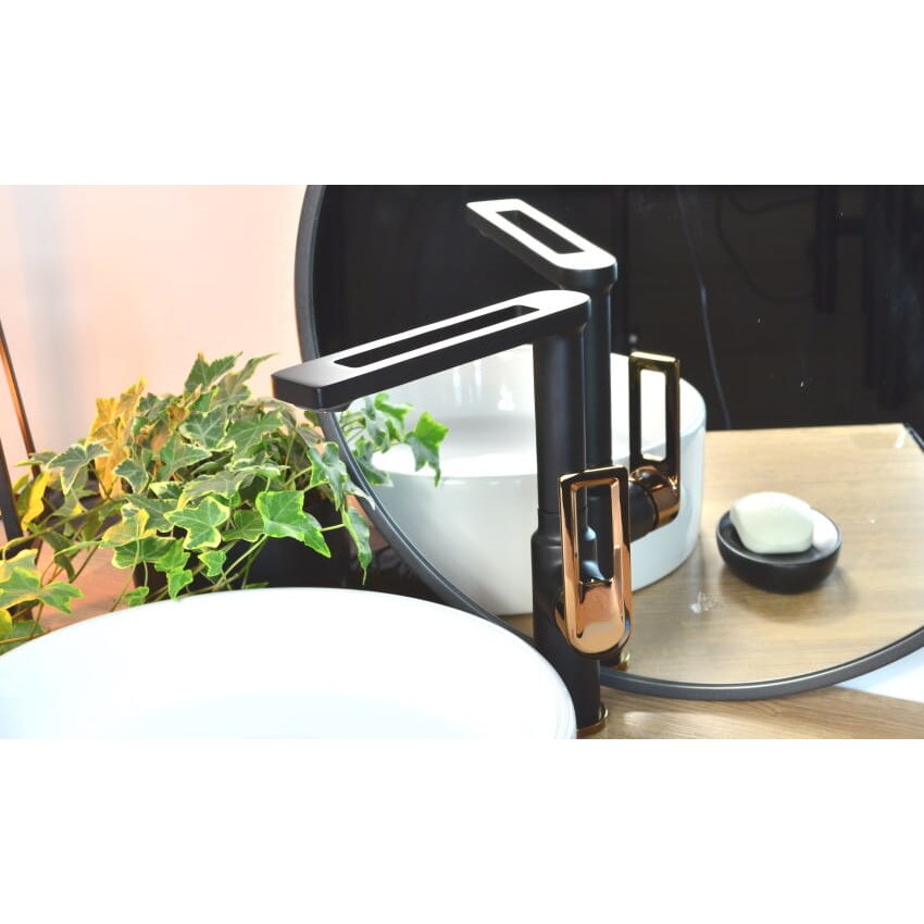 Set baterii sanitare, Sotbe, Montare perete, 80 cm, Negru/rose gold ...