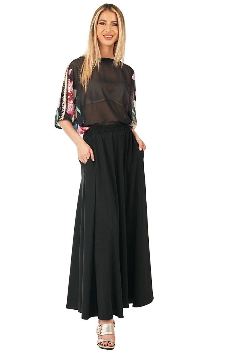 Fusta de dama maxi neagra din satin cu buzunare, Inga Valerie, 40 EU ...