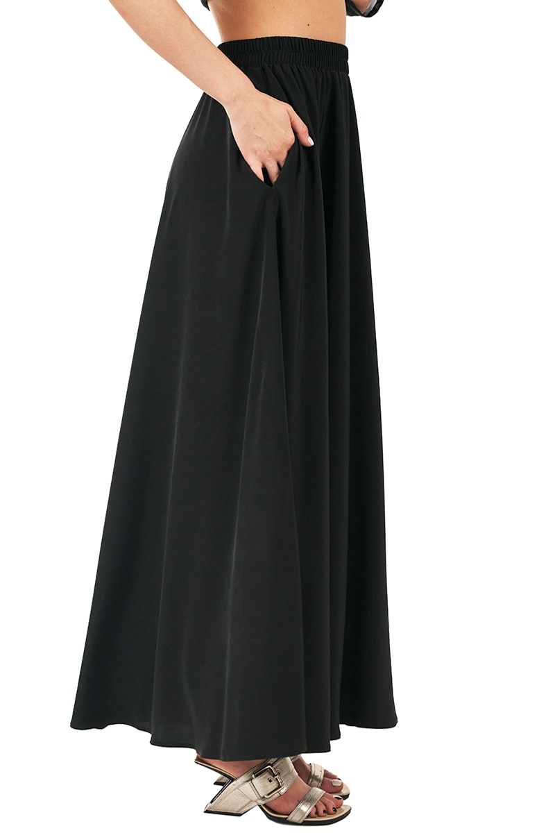 Fusta de dama maxi neagra din satin cu buzunare, Inga Valerie, 40 EU ...