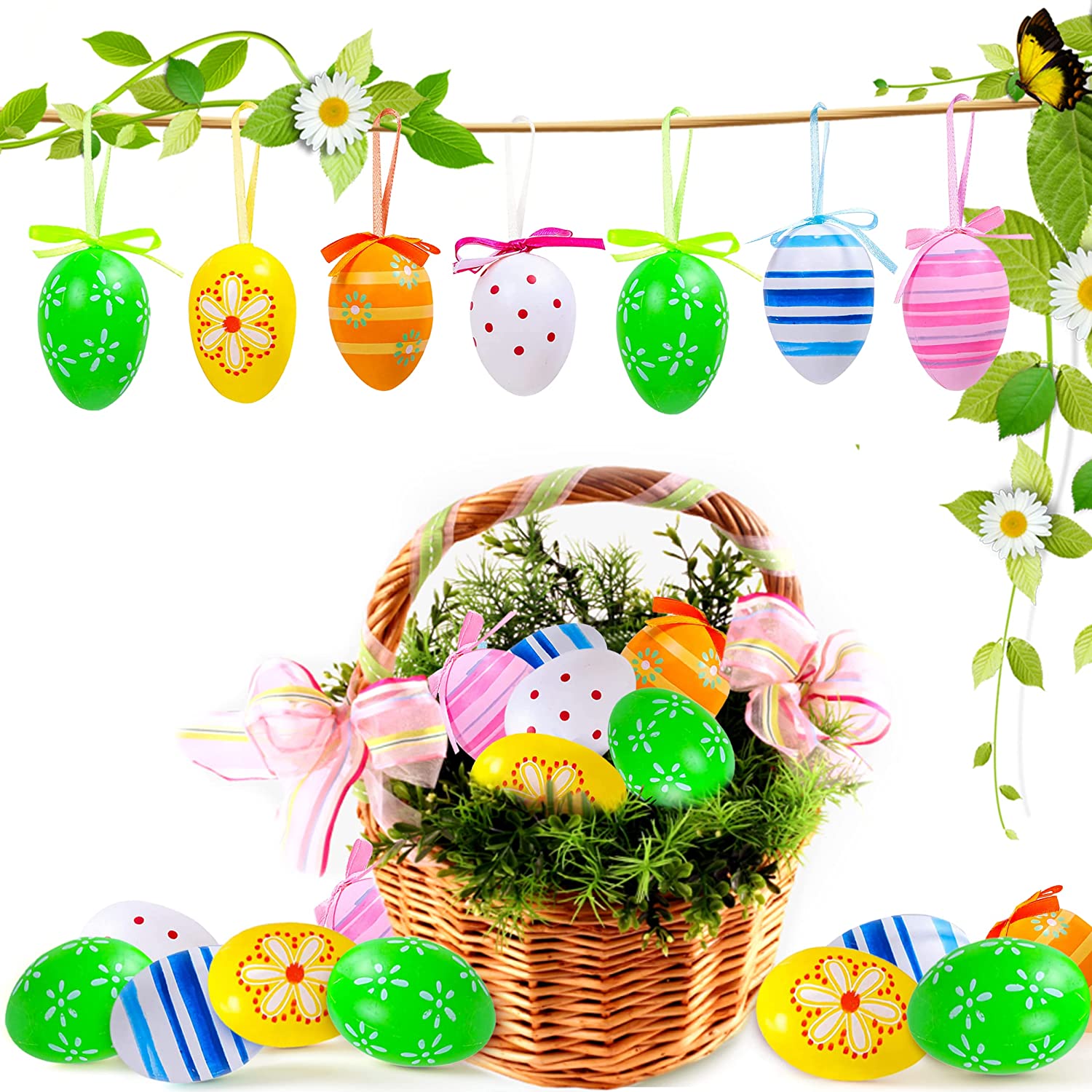 Set 6 oua de Paste, decorative, din plastic cu panglica pentru agatat ...