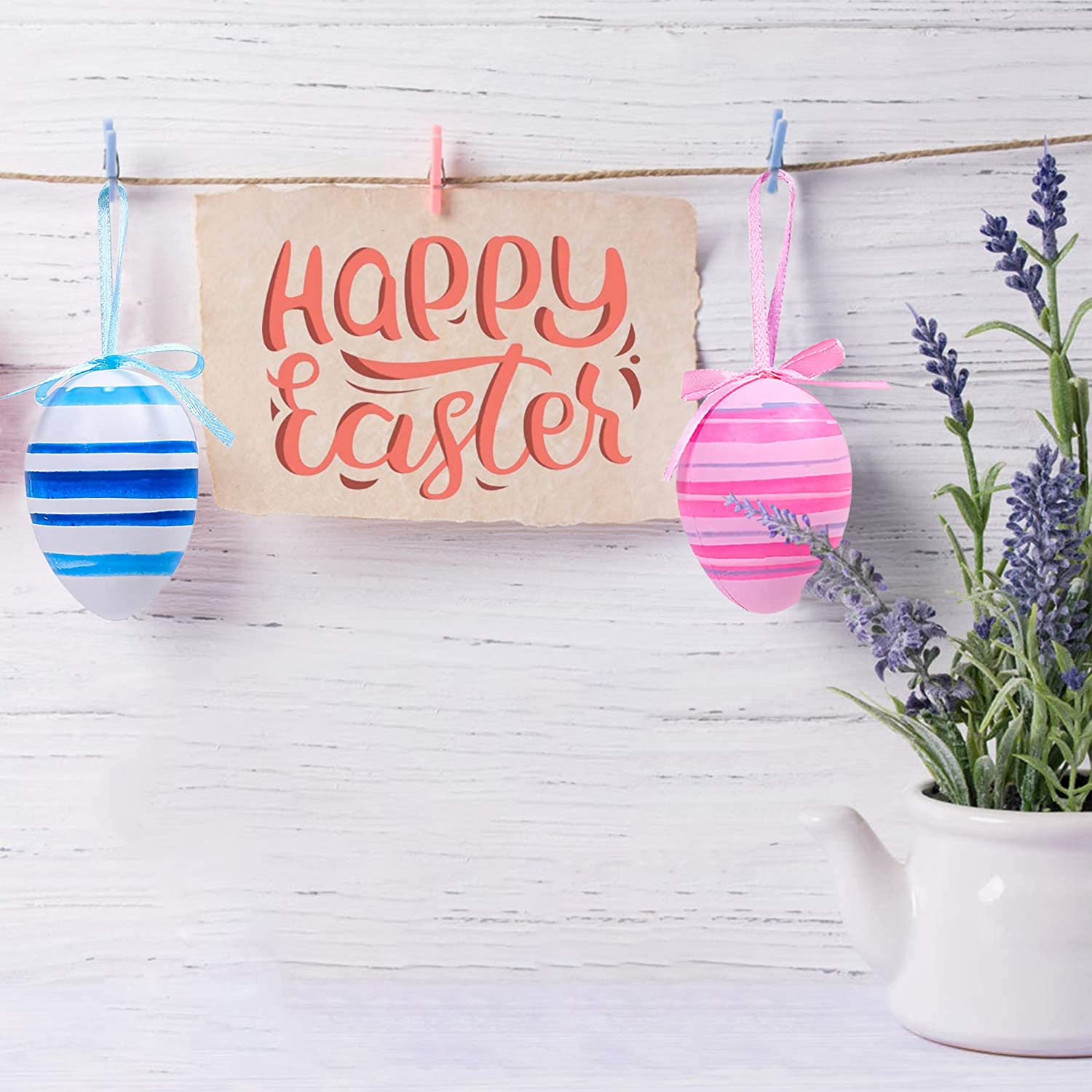 Set 6 oua de Paste, decorative, din plastic cu panglica pentru agatat ...