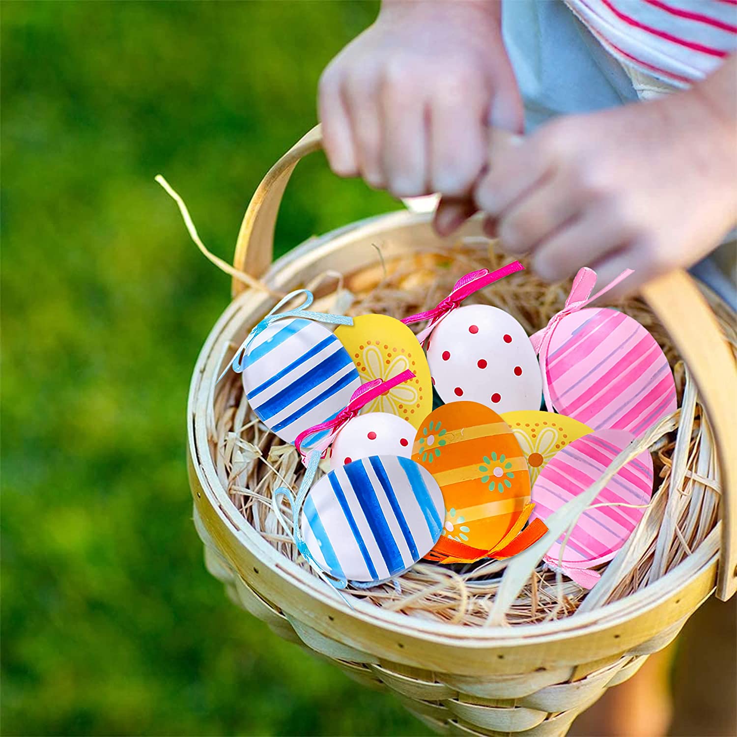 Set 6 oua de Paste, decorative, din plastic cu panglica pentru agatat ...