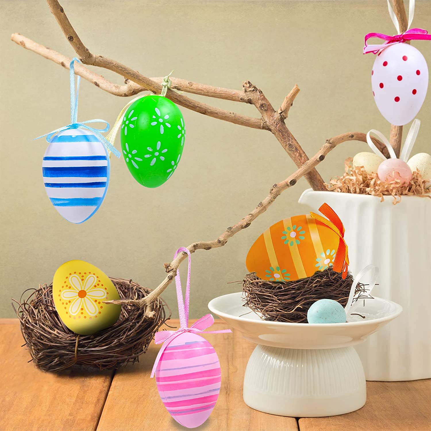 Set 6 oua de Paste, decorative, din plastic cu panglica pentru agatat ...