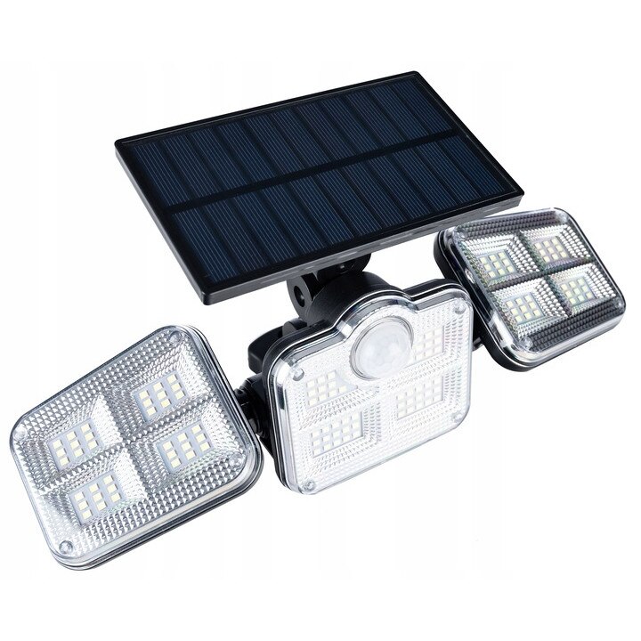 Proiector LED solar modular cu 3 lampi, senzor de miscare, 122LED-uri ...