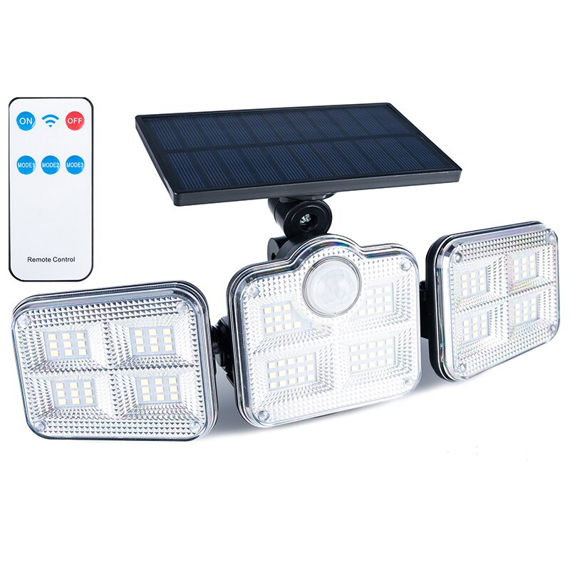 Proiector LED solar modular cu 3 lampi, senzor de miscare, 122LED-uri ...