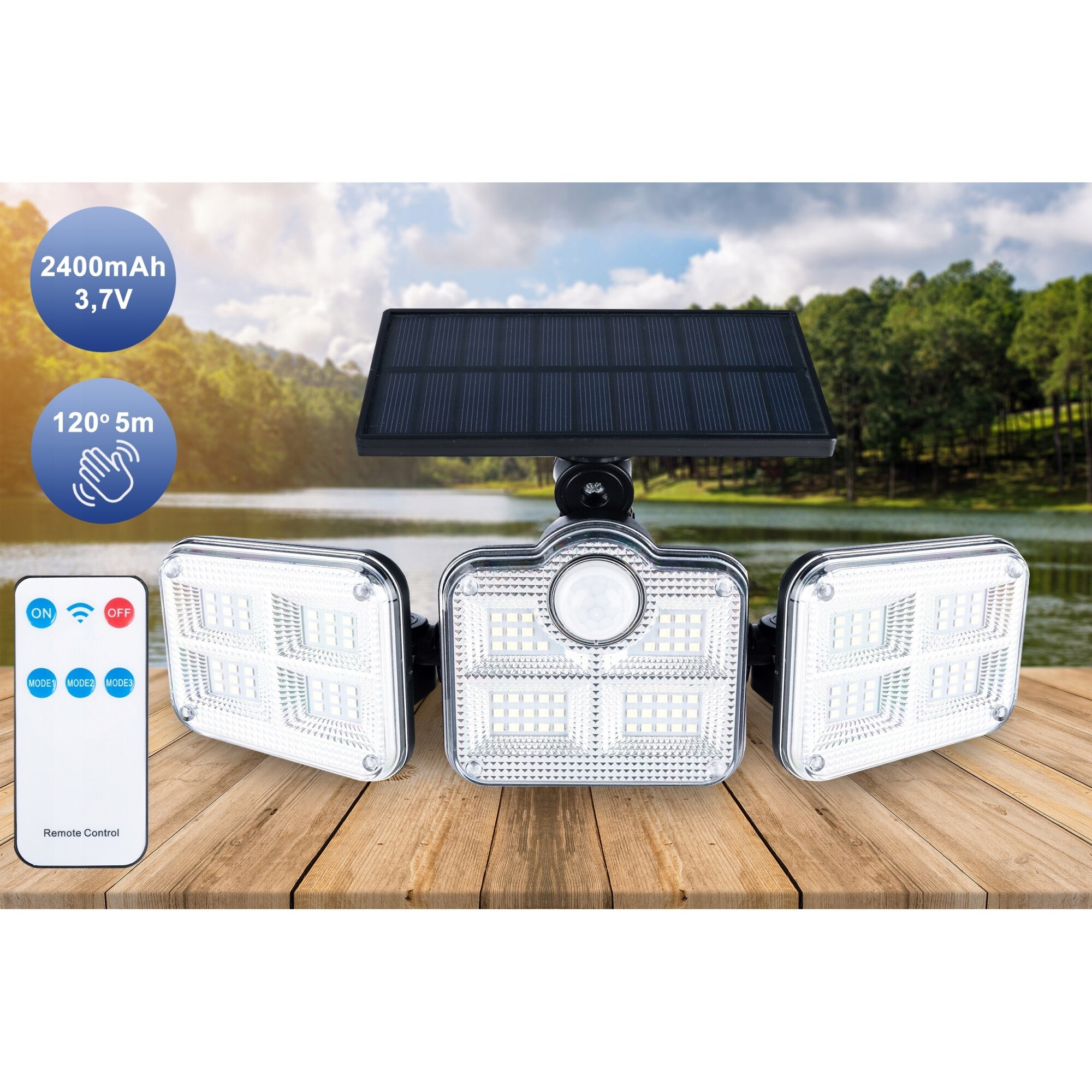Proiector LED solar modular cu 3 lampi, senzor de miscare, 122LED-uri ...