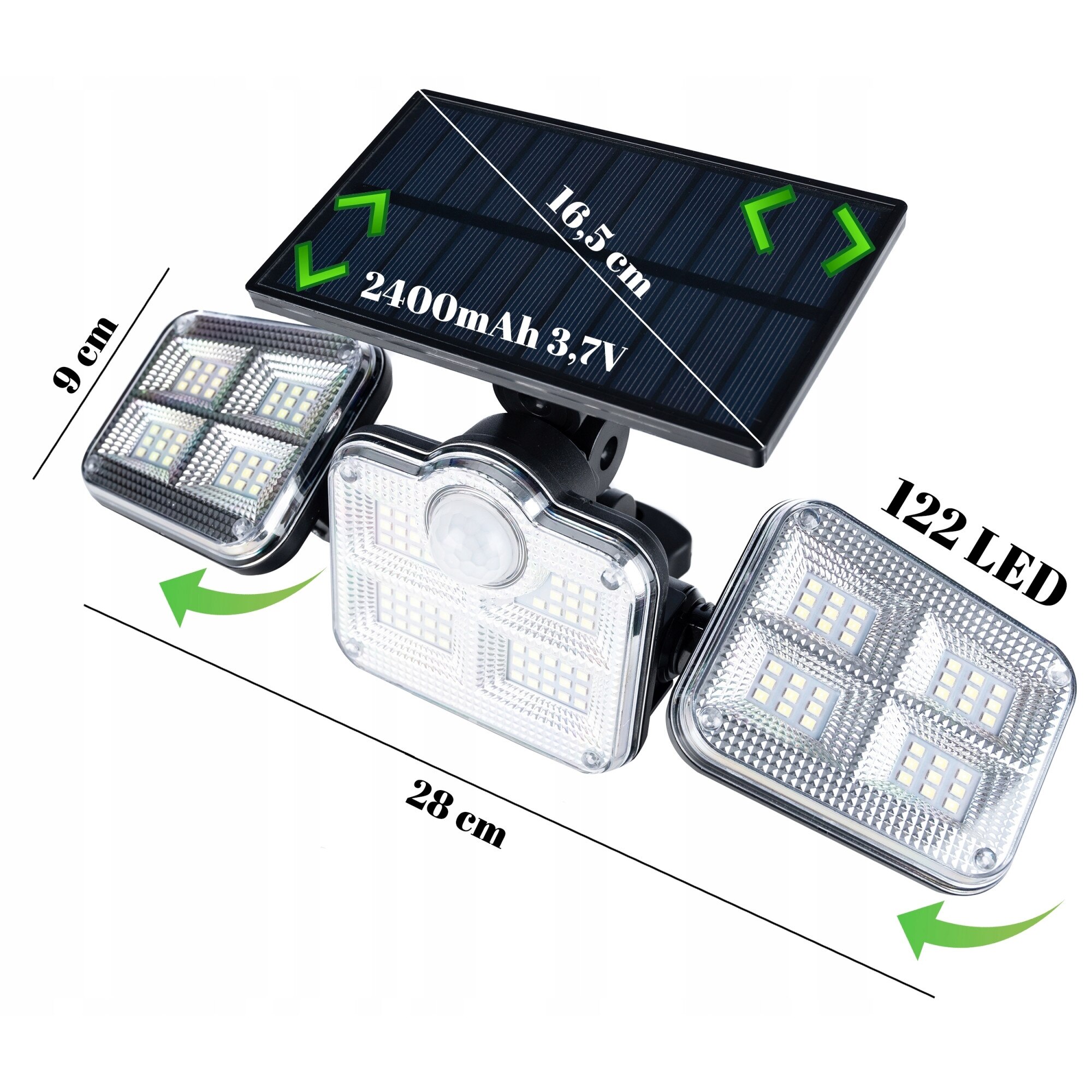 Proiector LED solar modular cu 3 lampi, senzor de miscare, 122LED-uri ...