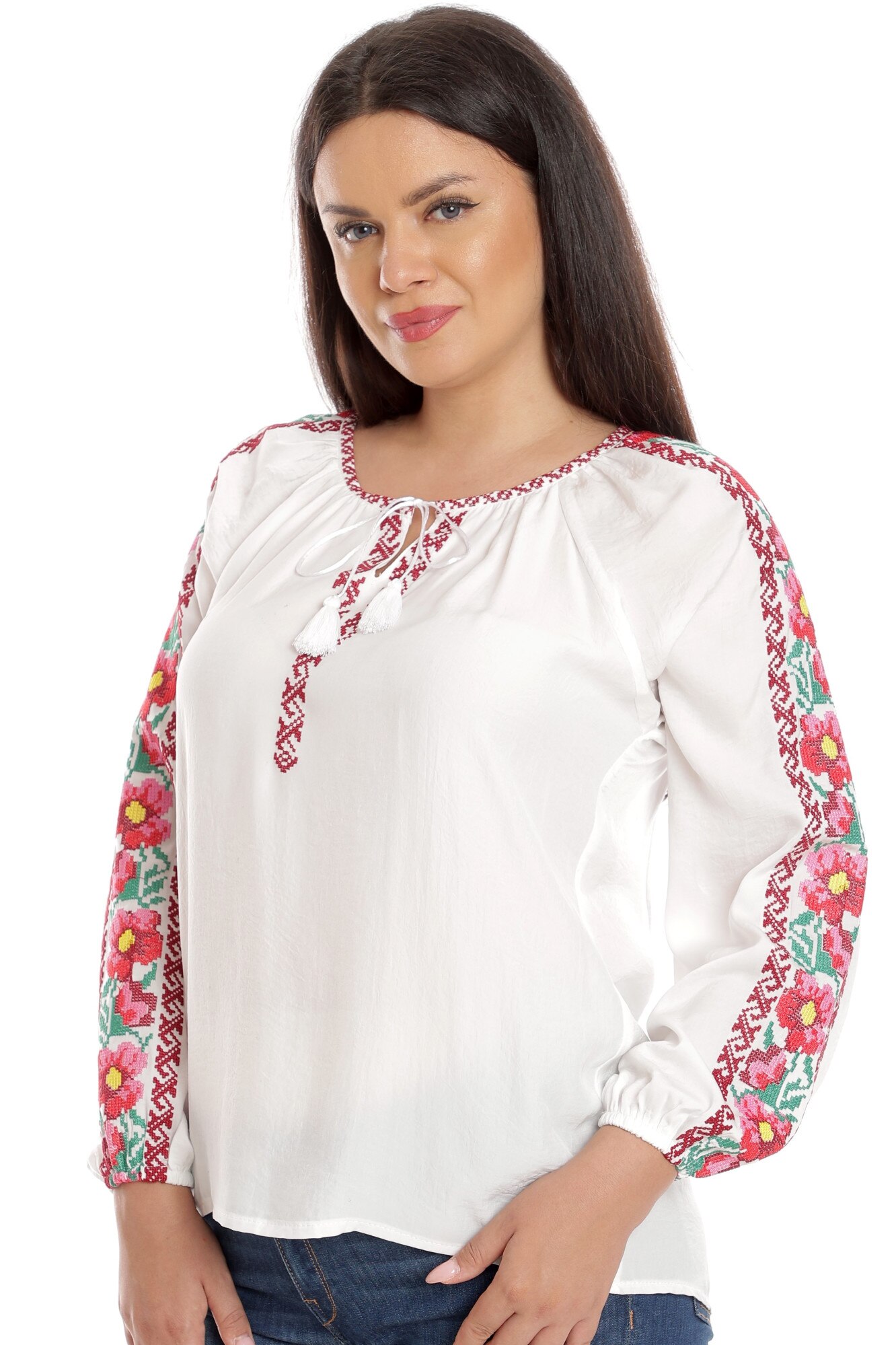 Ie traditionala romaneasca, imitatie matase, broderie maneci, alba ...