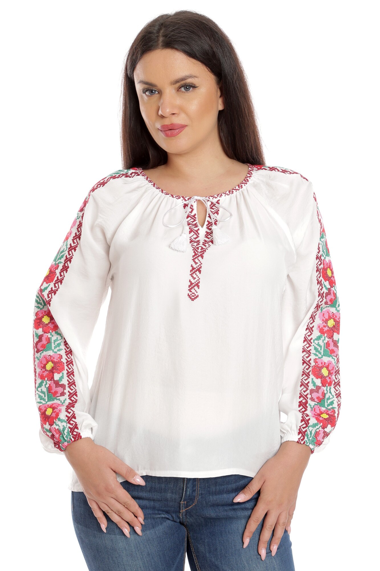 Ie traditionala romaneasca, imitatie matase, broderie maneci, alba ...