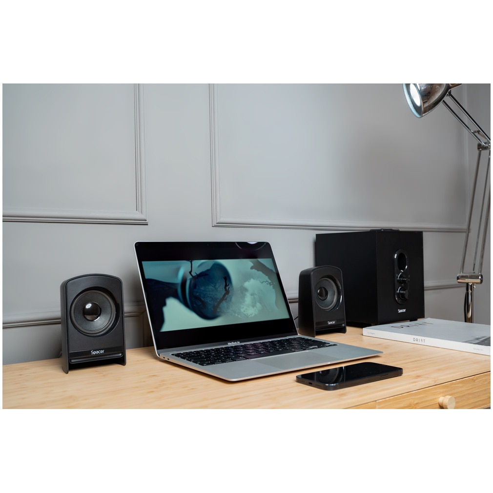Boxe Spacer 2.1, RMS: 20W (2 x 5W + 10W), subwoofer lemn MDF, USB/FM ...