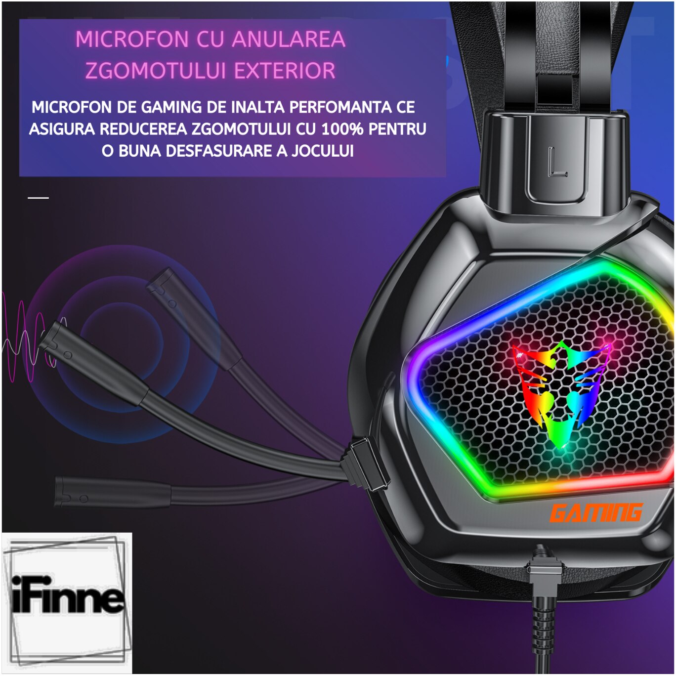 Casti gaming iFinne®, microfon cu noice canceling, RGB, control volum ...