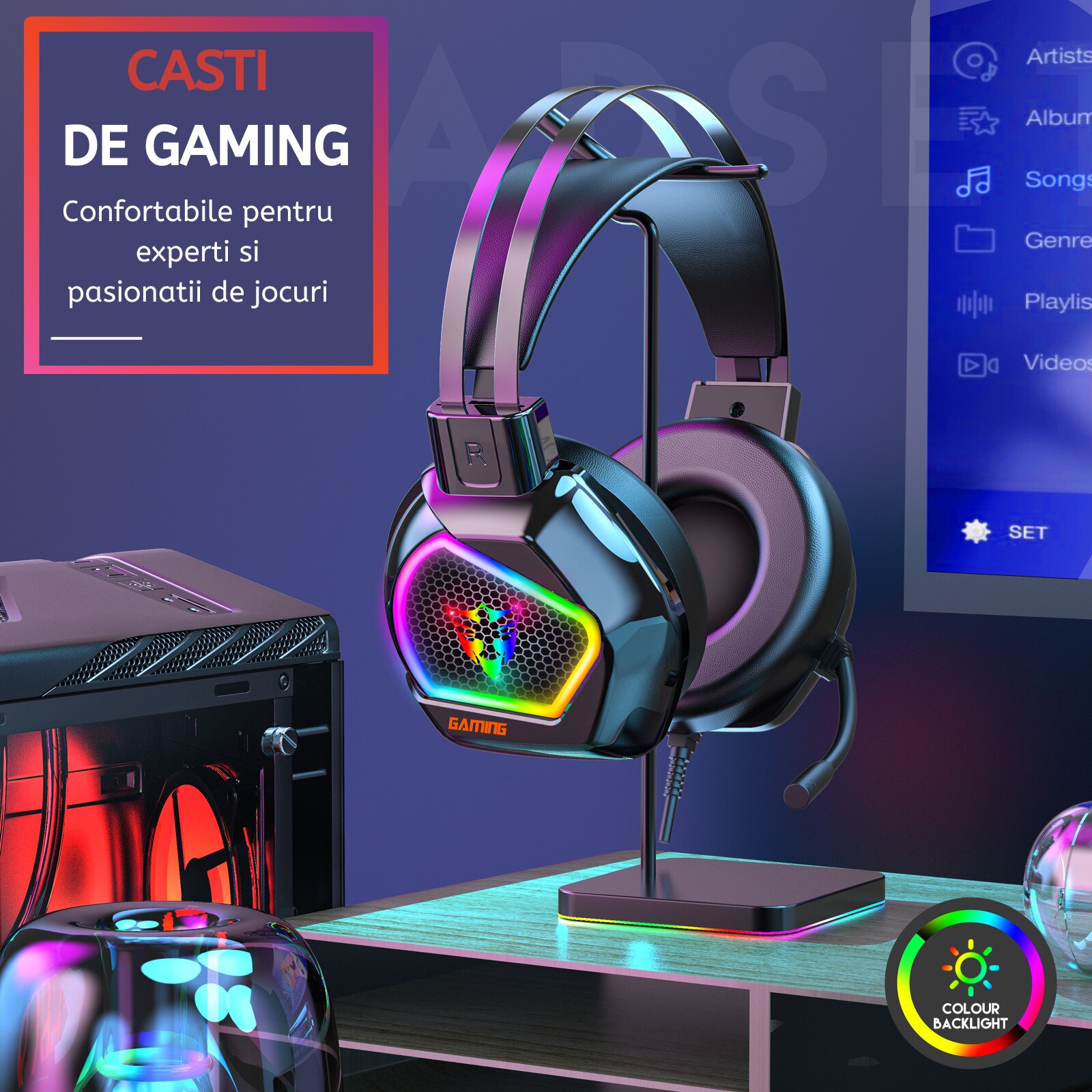 Casti gaming iFinne®, microfon cu noice canceling, RGB, control volum ...