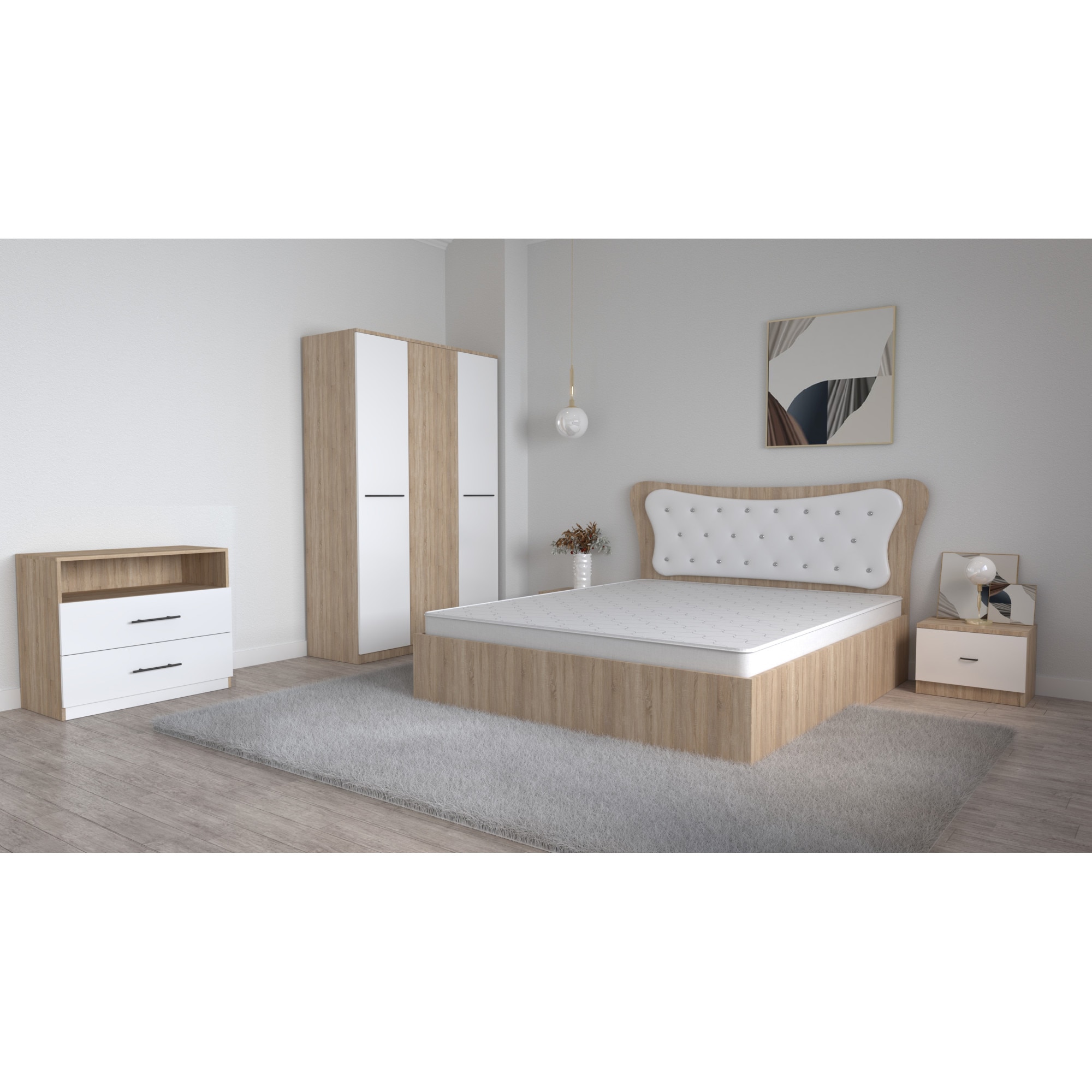 Set Dormitor Dante Sonoma Alb, Pat Matrimonial 160 cm x 200 cm si ...