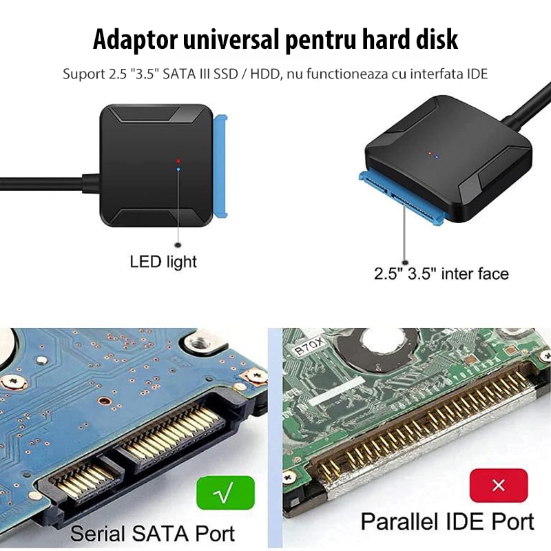 Adaptor USB 3.0 la SATA, pentru HDD/SSD 2.5/3.5 inch, plug and play, cu ...