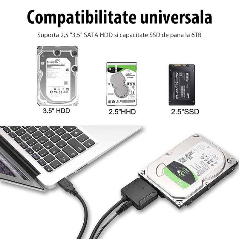 Adaptor USB 3.0 la SATA, pentru HDD/SSD 2.5/3.5 inch, plug and play, cu ...