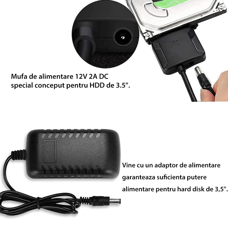 Adaptor USB 3.0 la SATA, pentru HDD/SSD 2.5/3.5 inch, plug and play, cu ...