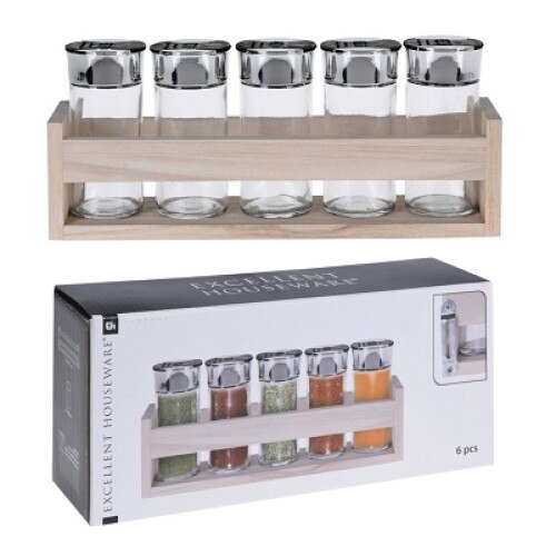 Set pentru condimente Suport din lemn, 6 piese, 26.2 x 12 cm - eMAG.ro