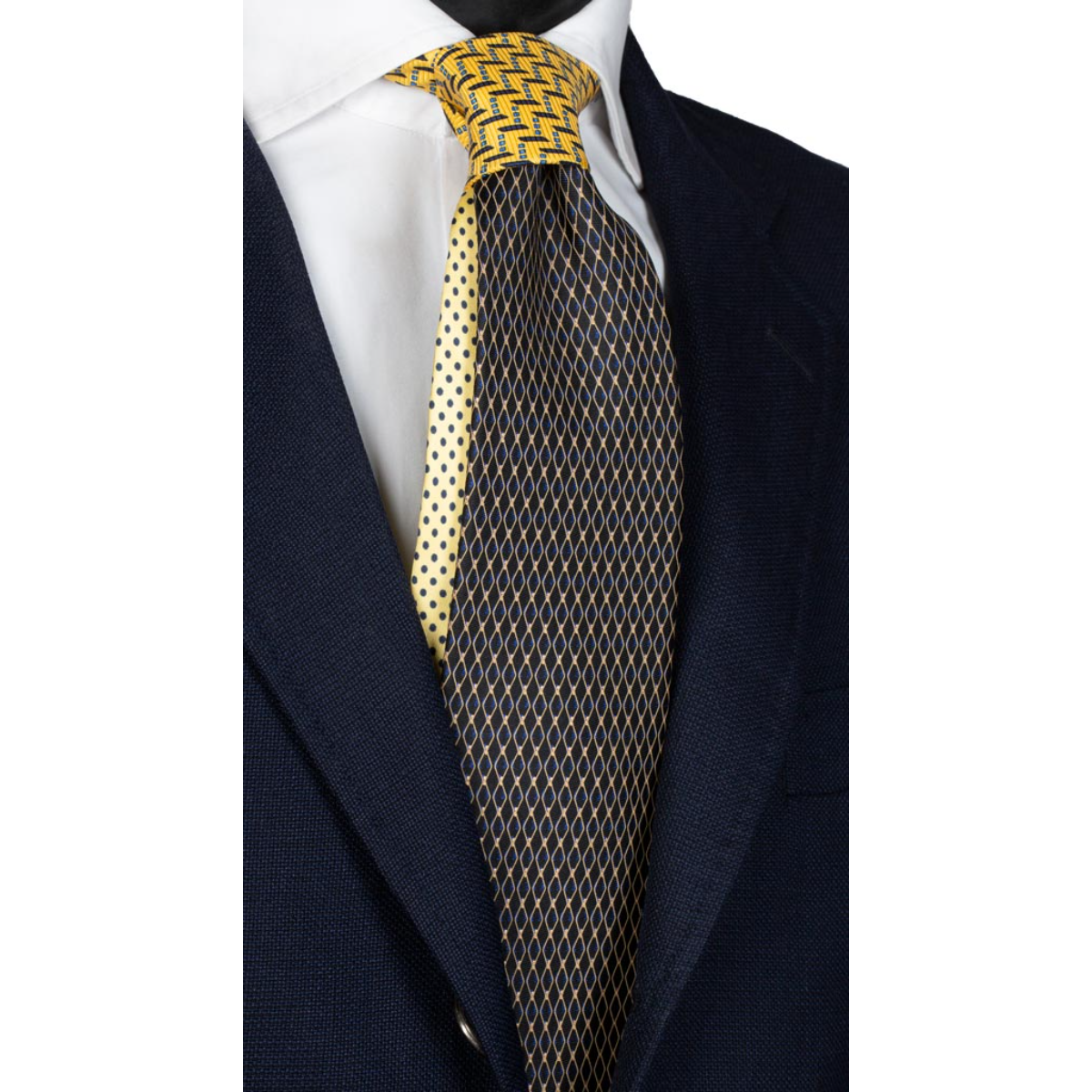 Cravata matase cu nod in contrast N2394, model unicat, galben/albastru ...