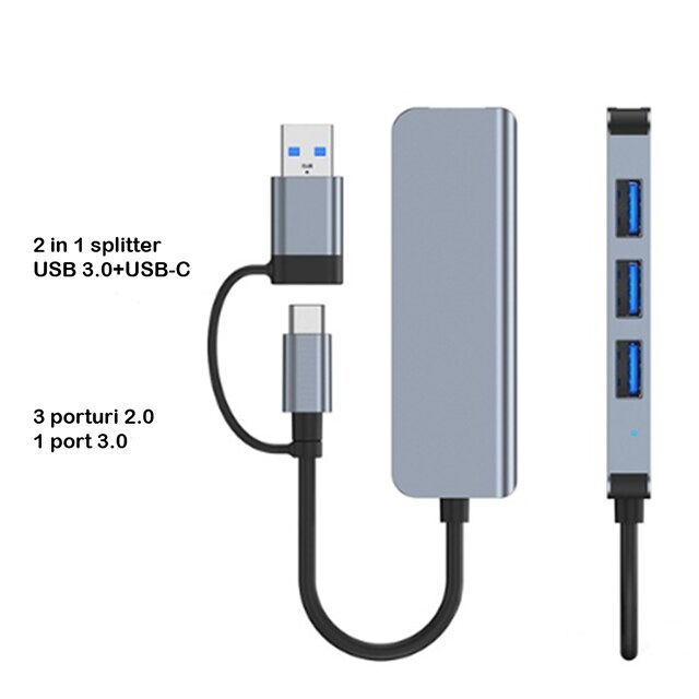 Adaptor HUB 4 in 1, Sovel, USB Type-C si USB3.0, 1 x USB3.0, 3 x USB2.0 ...