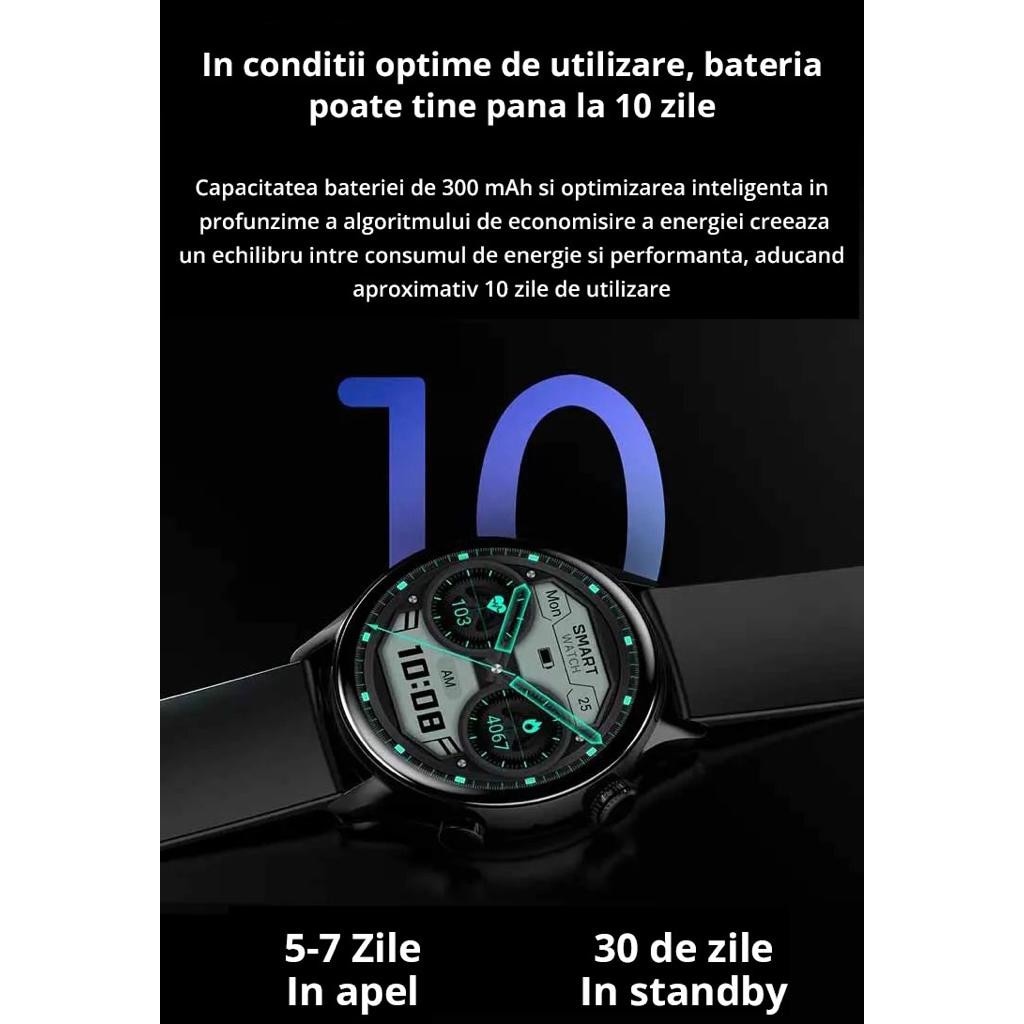 Ceas Smartwatch TOPVIA®, 1.36” AMOLED, negru, cu 3 curele, compatibil ...