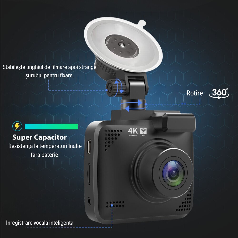 Camera Auto De Bord DVR 4k, Inregistrare Ultra HD, Rezolutie 3840x2160p ...
