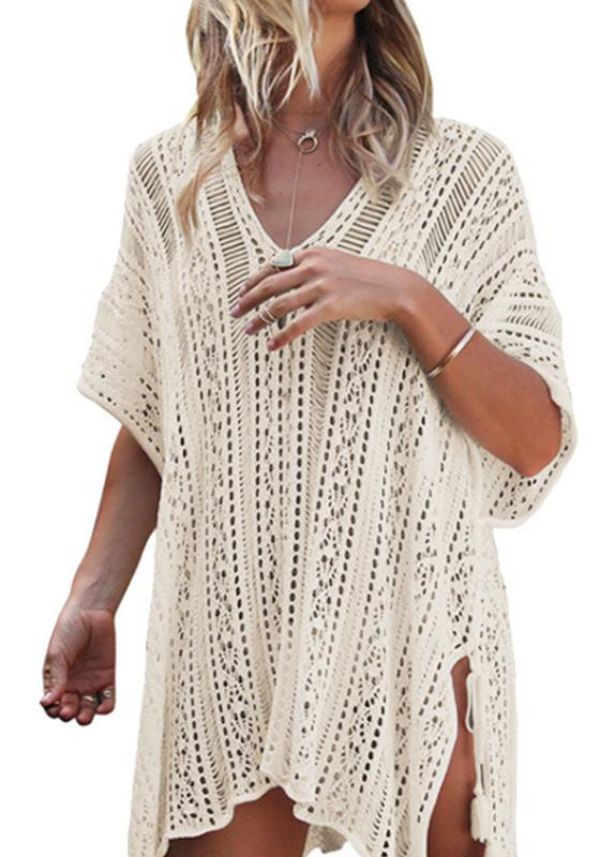 Rochie de plaja, AEWOYAD, Protectie solara, Maneca scurta, Ajurat ...