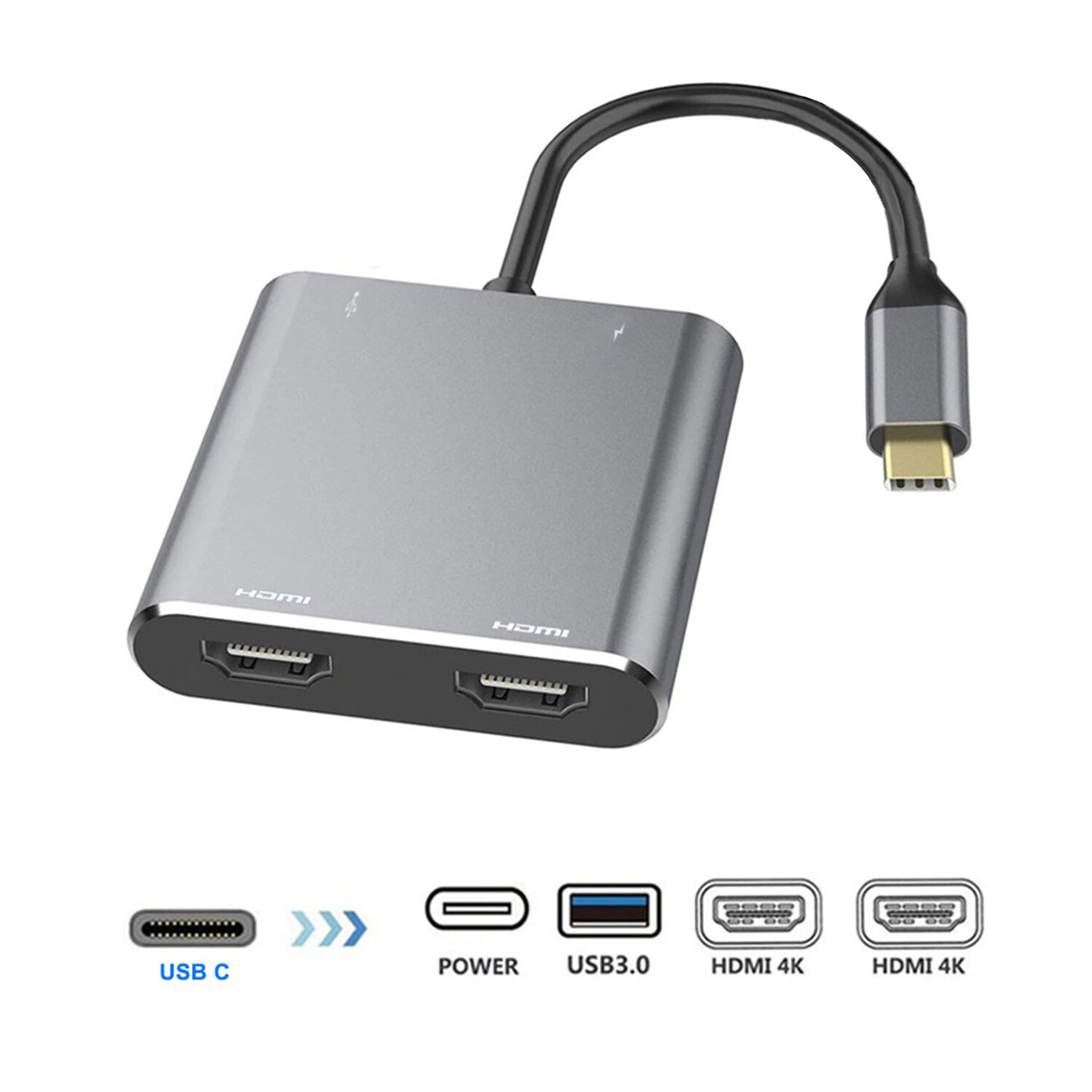 Hub adaptor 4 in 1, USB Type-C output 2 x HDMI 4K*2K 30Hz, USB 3.0 ...