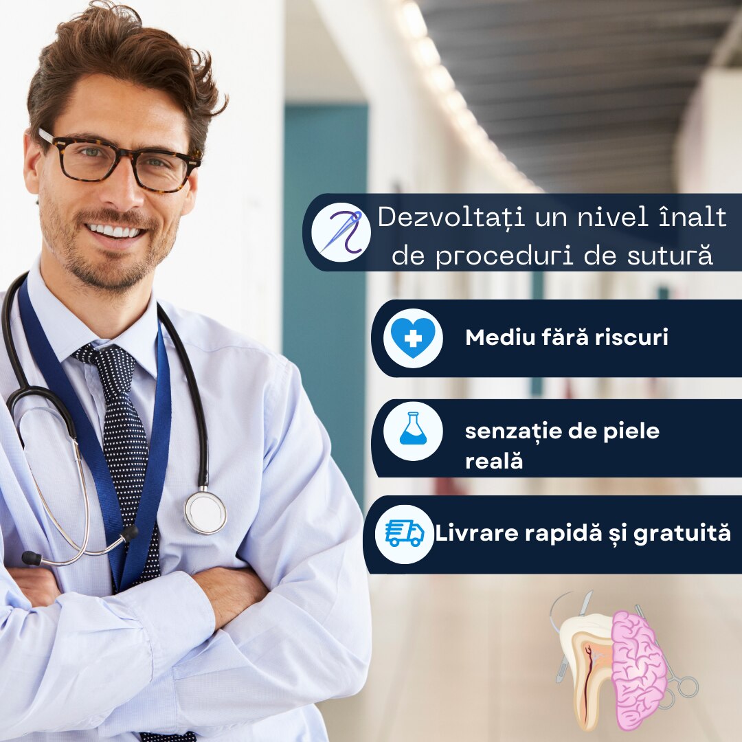 Kit practica, antrenament suturi chirurgicale, albastru, 17 in 1, 5 lame, 5 suturi, 5 ...