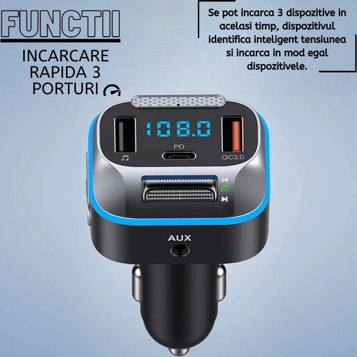 iFinne® FM modulátor RGB világítással, Bluetooth 5.0, mikrofon, 2 ...