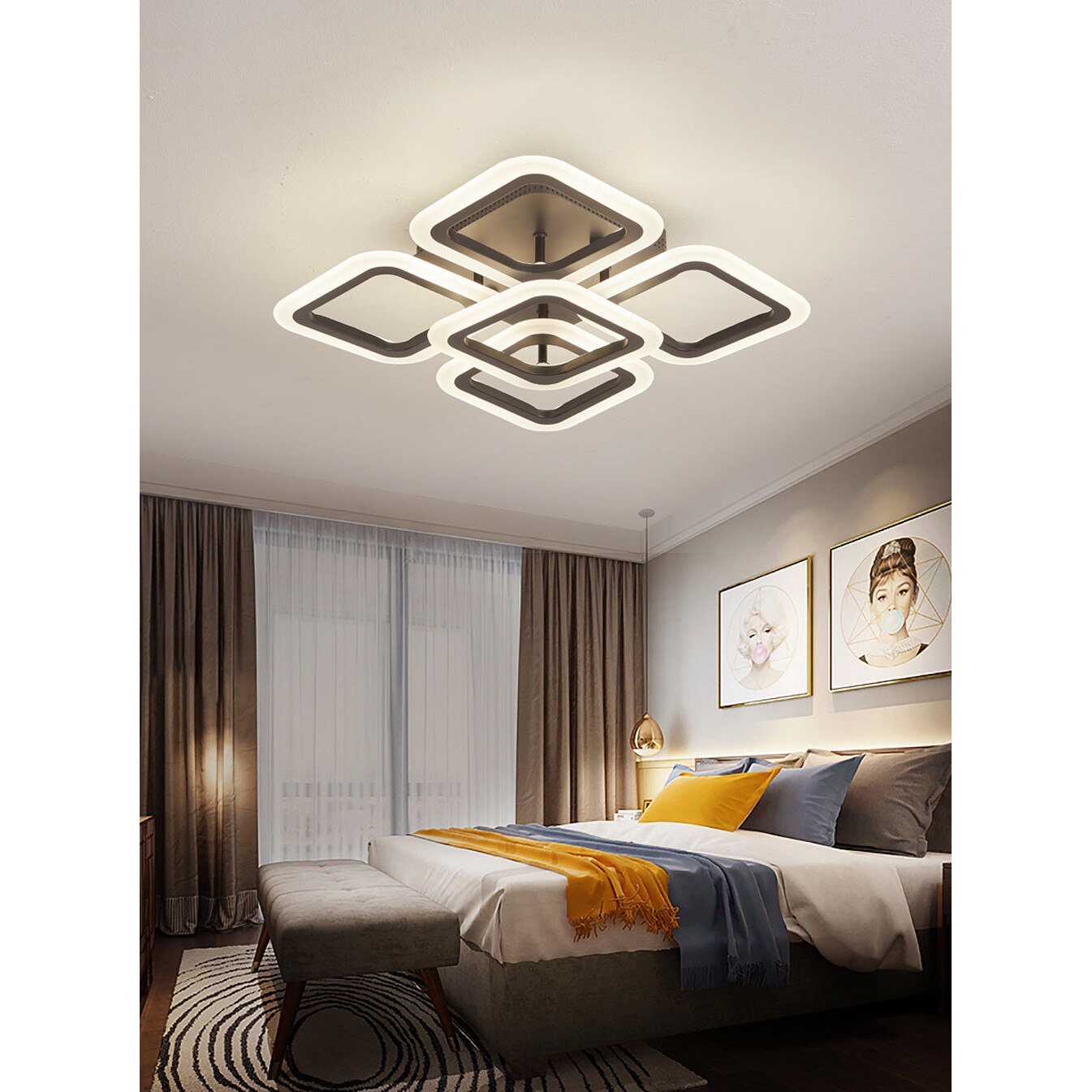 Lustra LED RFAN, Model M20/4+1BK, Cu Telecomanda, 3 Tipuri De Lumina ...