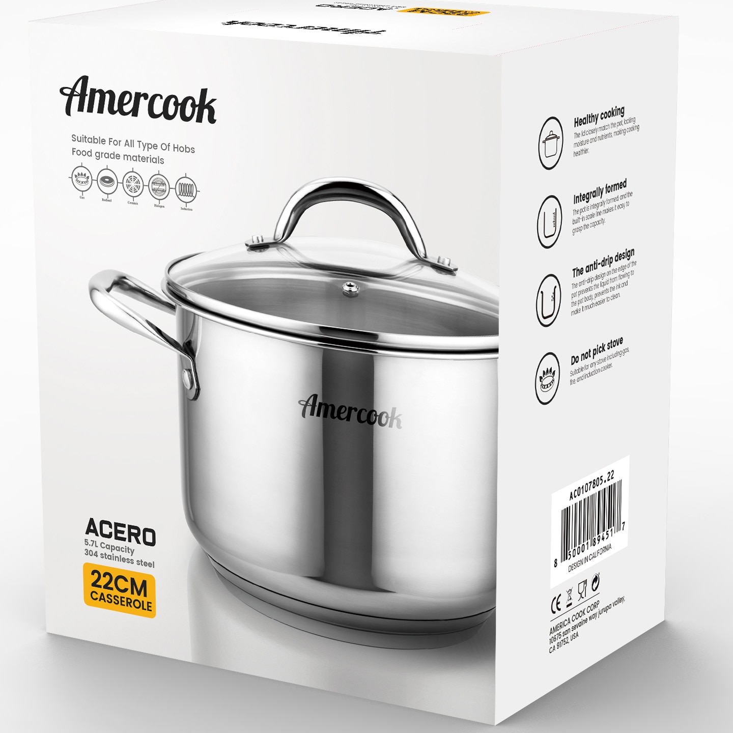 Oala Inox cu capac Amercook, Inductie, 5.7 L - eMAG.ro