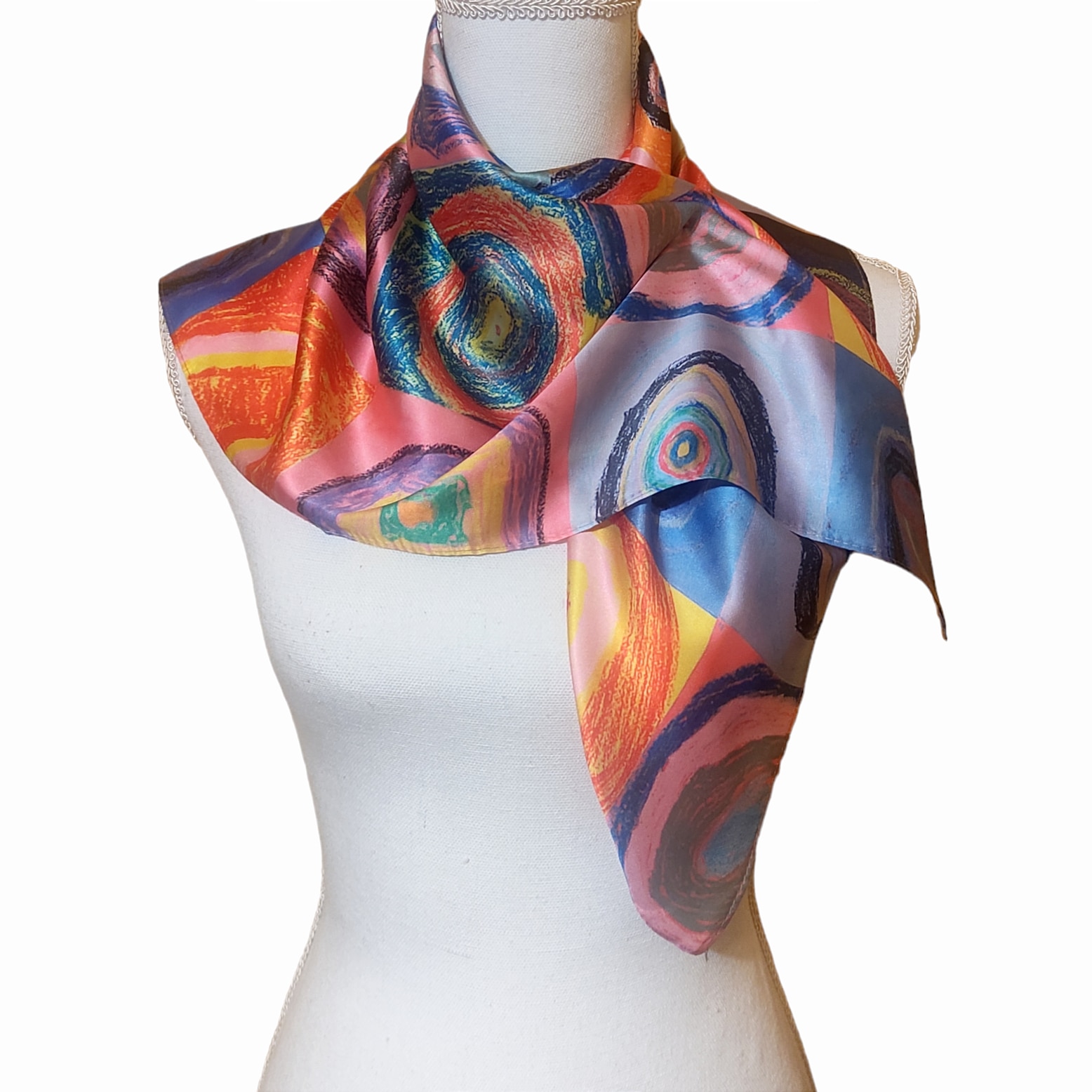 Esarfa patrata din matase, multicolora, cu modele geometrice, 70 x 70 ...