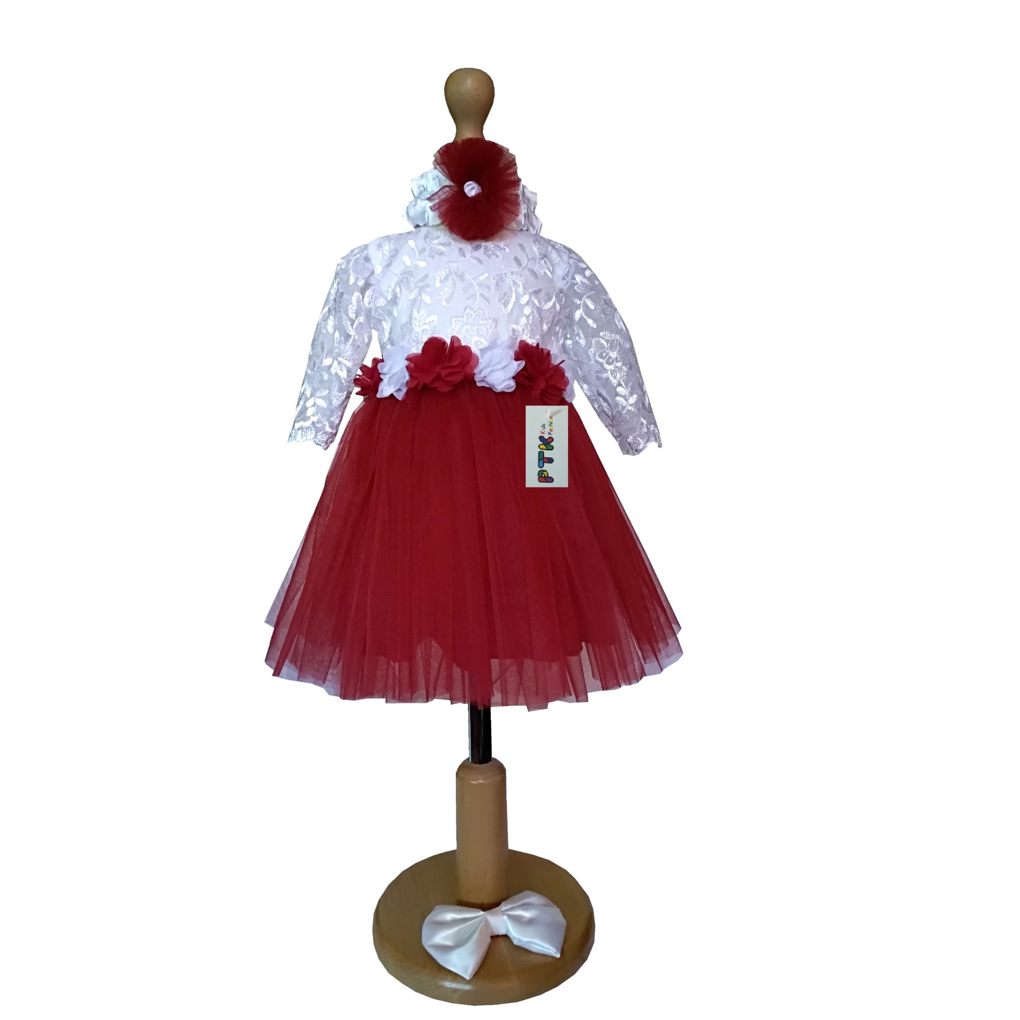 Rochie eleganta botez Bordeaux/Alb maneca lunga Ptk Fashion 3-6 luni ...