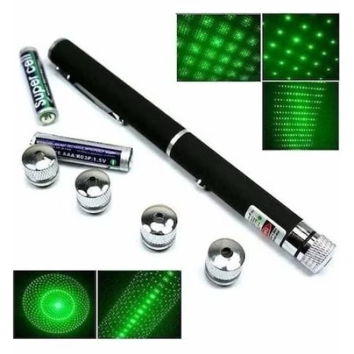 Laser pointer verde cu 5 capete interschimbabile, de tip pix, metalic ...