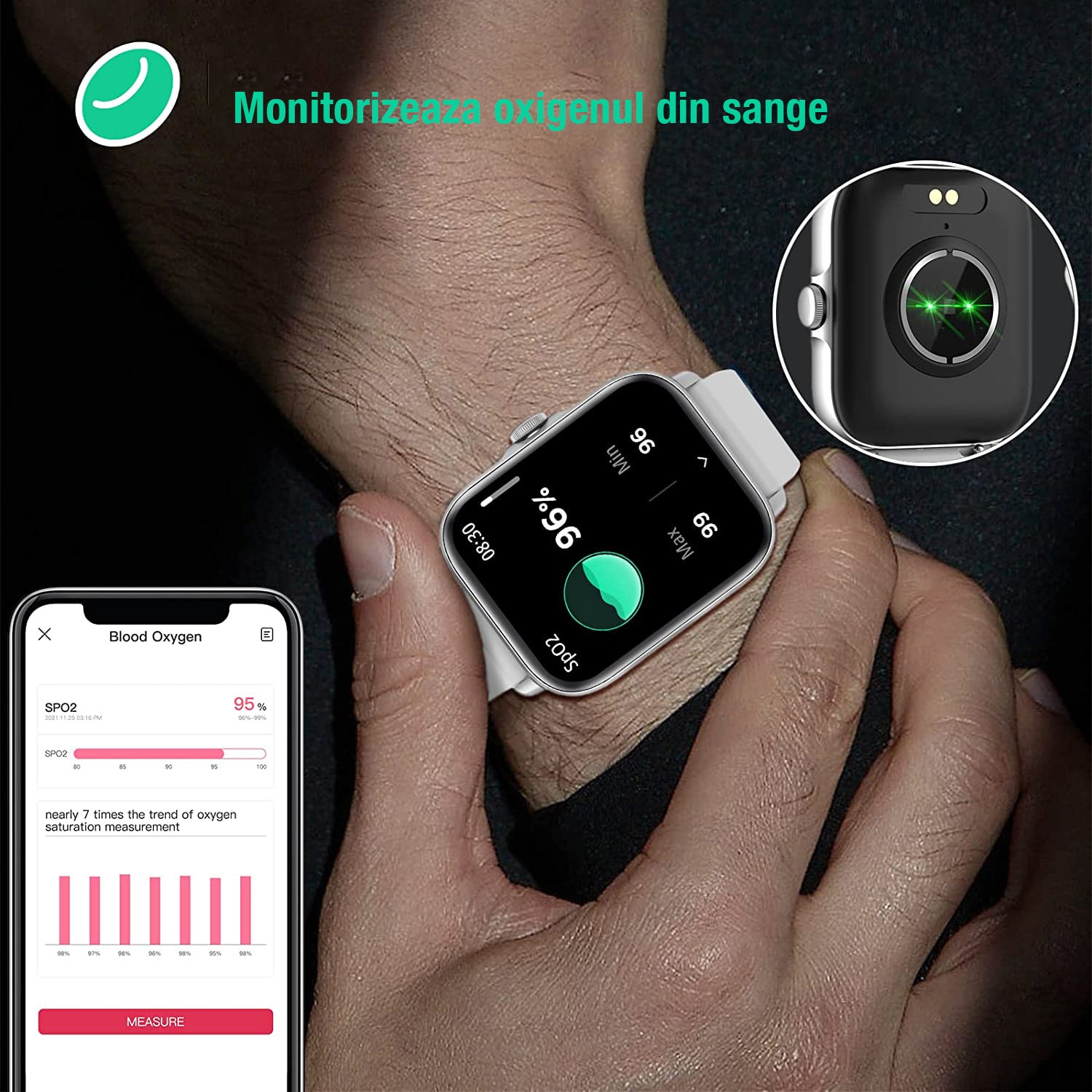 Ceas Smartwatch Fitness, WOWSTEP®, Notificari Apeluri/Sms/Social Media ...