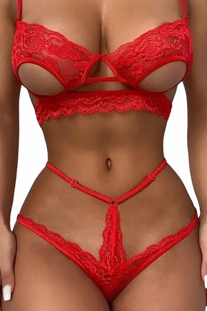 Lenjerie sexy, set 2 piese, sutien si chilot tanga, model super hot, dantela, marimea XL, rosu ...