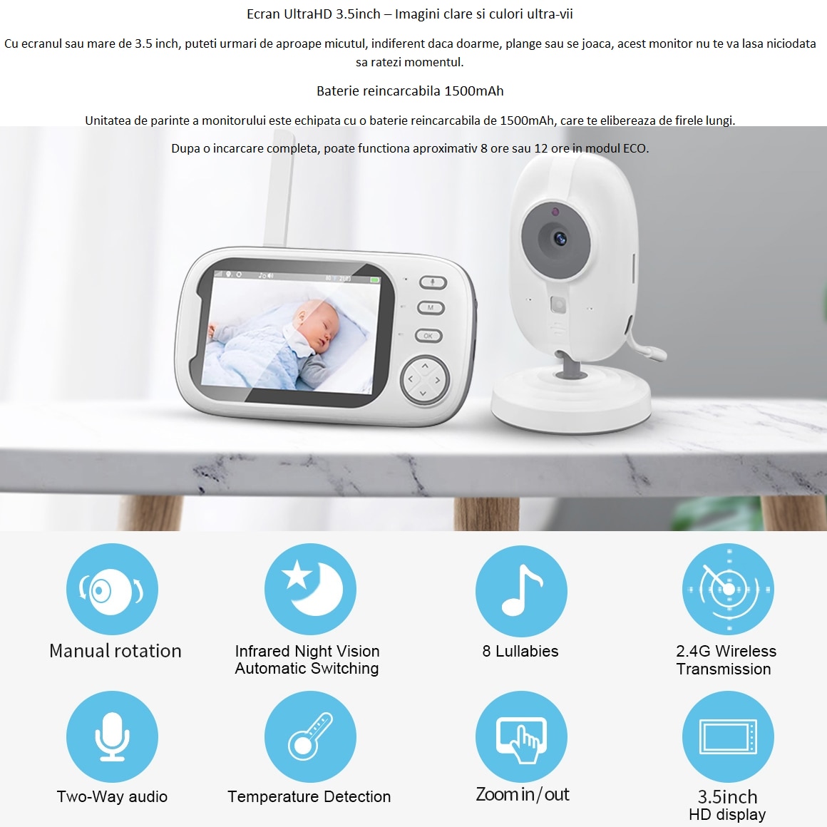 Baby Monitor WiFi HelloKid™ OPTI 3.5” AI NightVision HD, Monitorizare ...