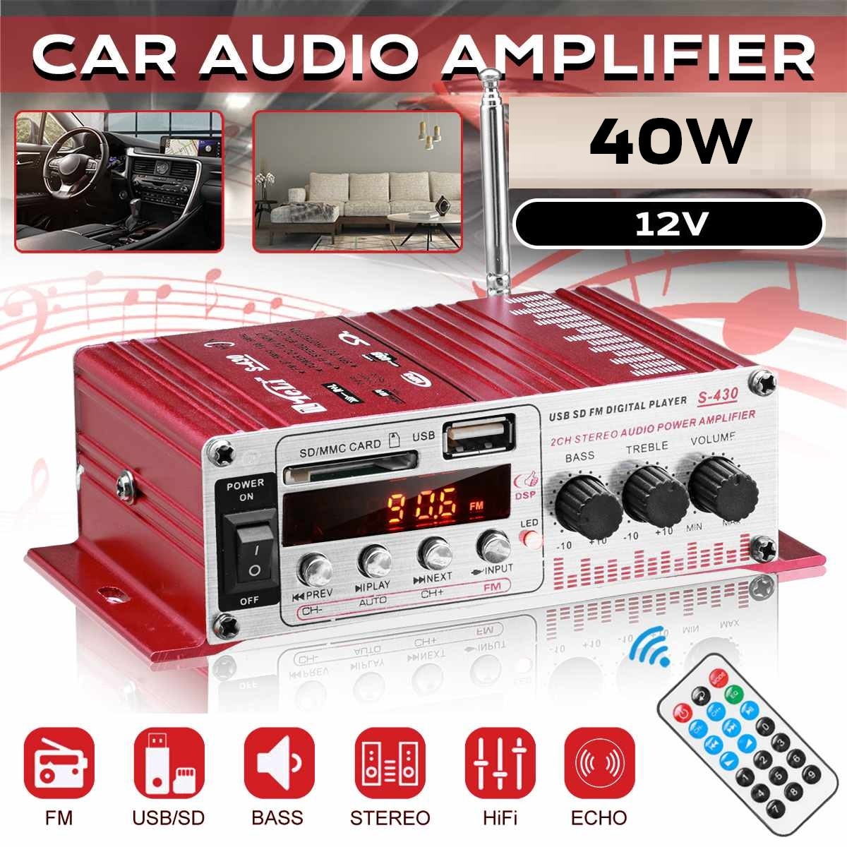 Mini amplificator auto, stereo, 12V, 40 W, radio FM, citire USB sau ...