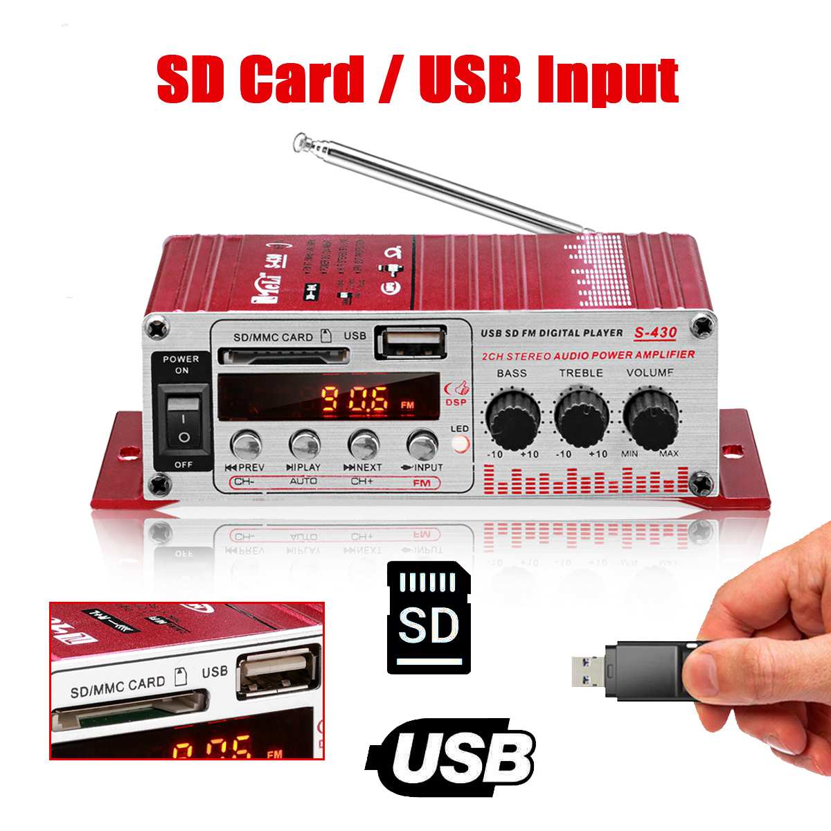 Mini amplificator auto, stereo, 12V, 40 W, radio FM, citire USB sau ...