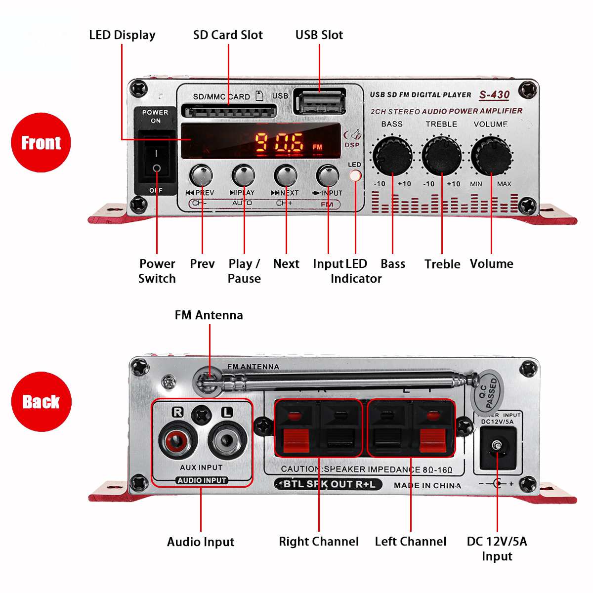 Mini amplificator auto, stereo, 12V, 40 W, radio FM, citire USB sau ...