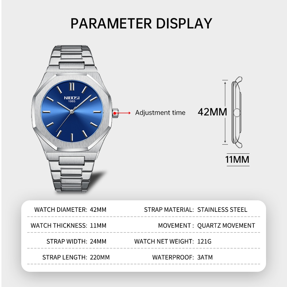 Férfi karóra, NIBOSI, Rozsdamentes acél, Vízálló, Ezüst - eMAG.hu