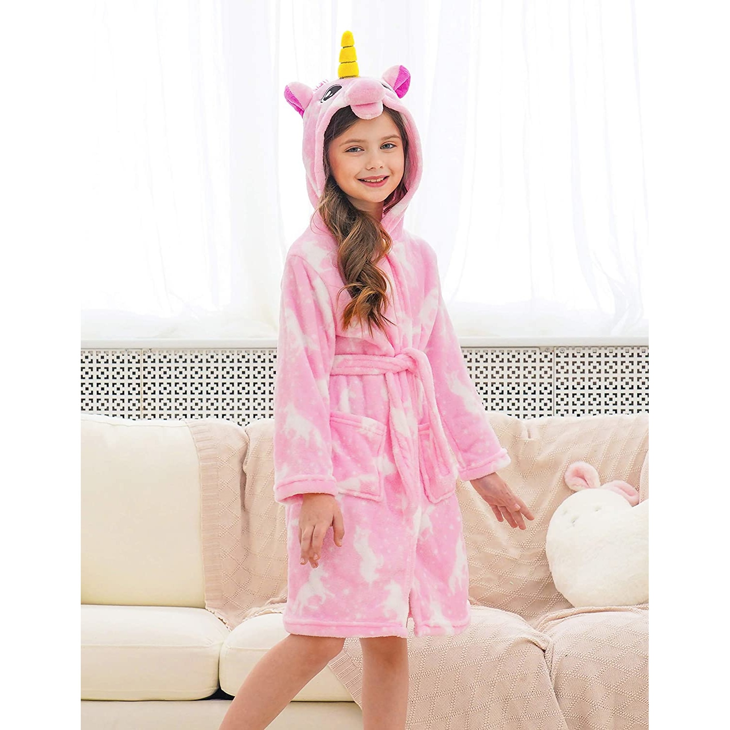 Halat de baie pentru copii, model cu Unicorn, roz cu caluti, 1-2 ani ...