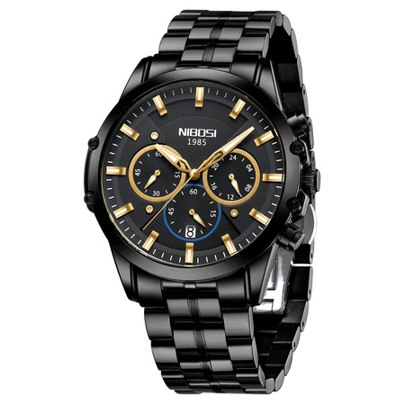 Ceas barbati, NIBOSI, Otel inoxidabil, Rezistent la apa, Negru - eMAG.ro